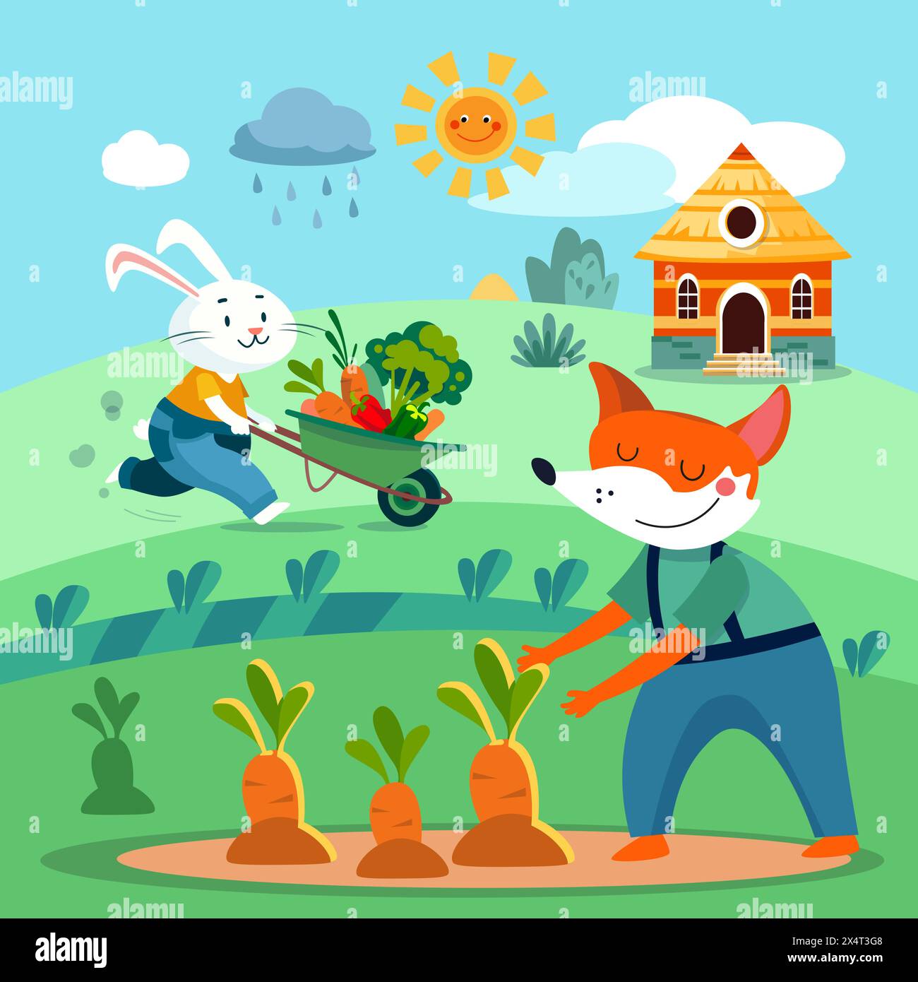 Cute flat cartoon fox and rabbit with vegetables in wheelbarrow. Farm ...