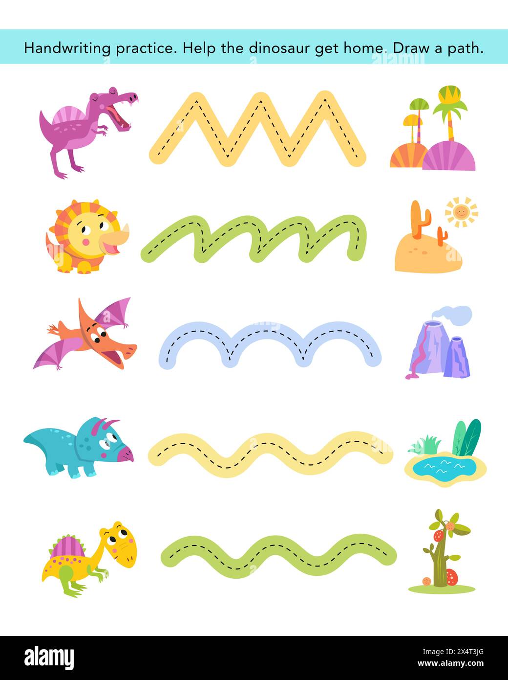 Handwriting practice. Cute dinosaurs and home. Puzzle game for ...