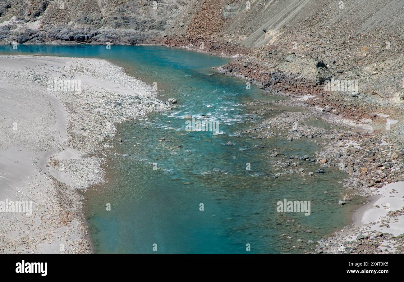 Turquoise colored waters of the Skyok River in northern India near the ...