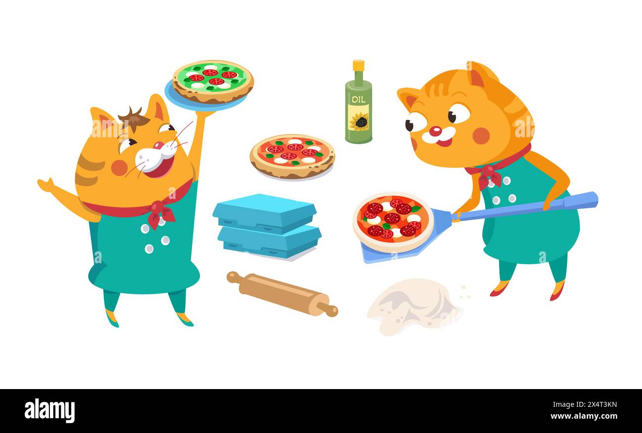 Cute funny set of pizzaiolo cats with pizza. Vector illustration ...