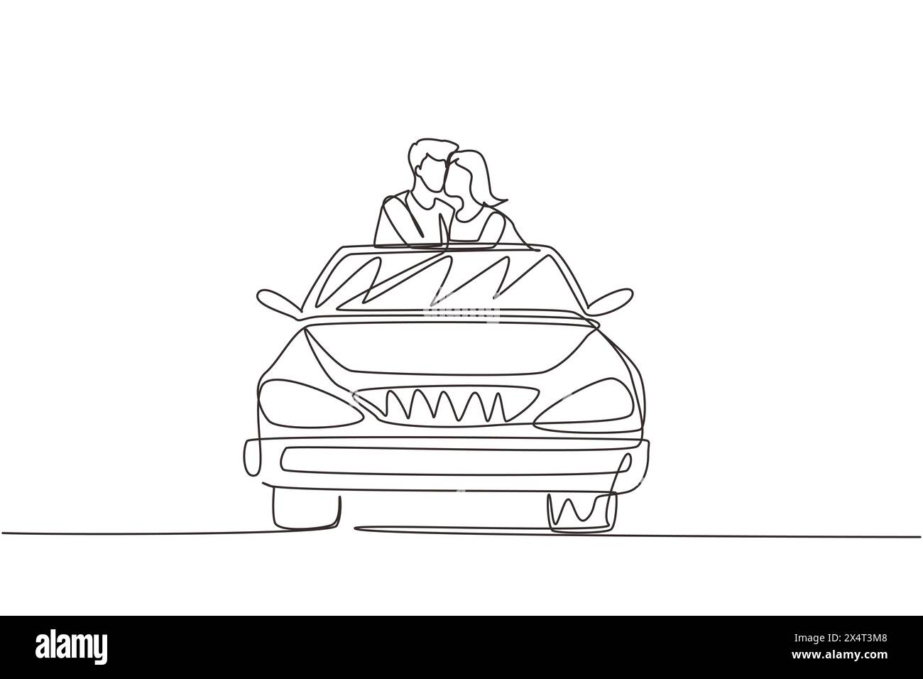 Single one line drawing happy couple on road trip in vintage retro car ...