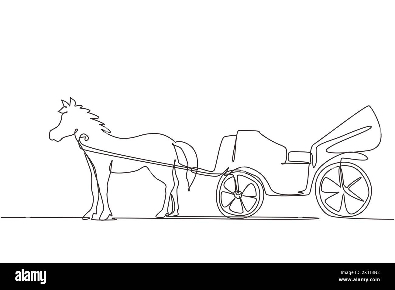 Single continuous line drawing vintage transportation, horse pulling ...