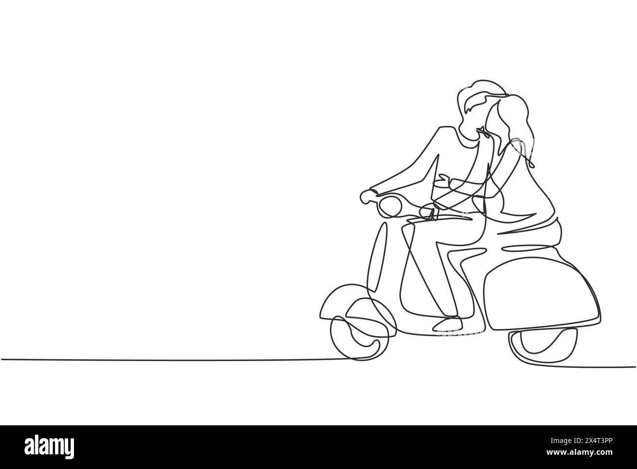 Single continuous line drawing couple with scooter vintage, pre-wedding ...