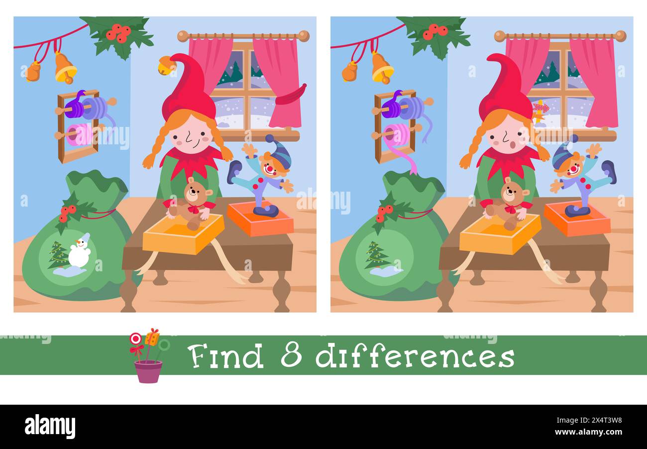 Find 8 differences. Game for children.Cute elf wrapping presents for ...