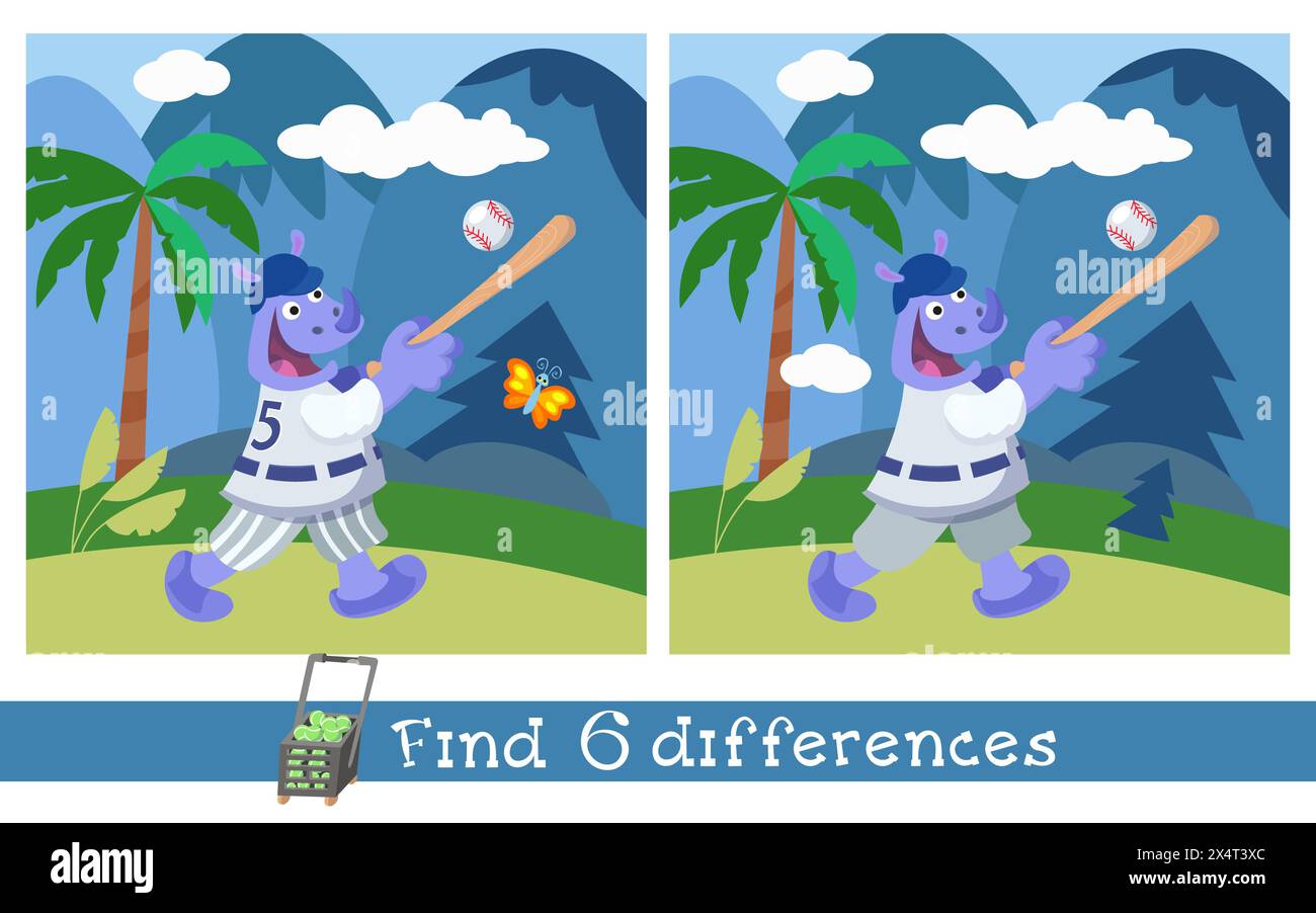 Find 6 differences. Puzzle game for children. Cute rhino with bat ...