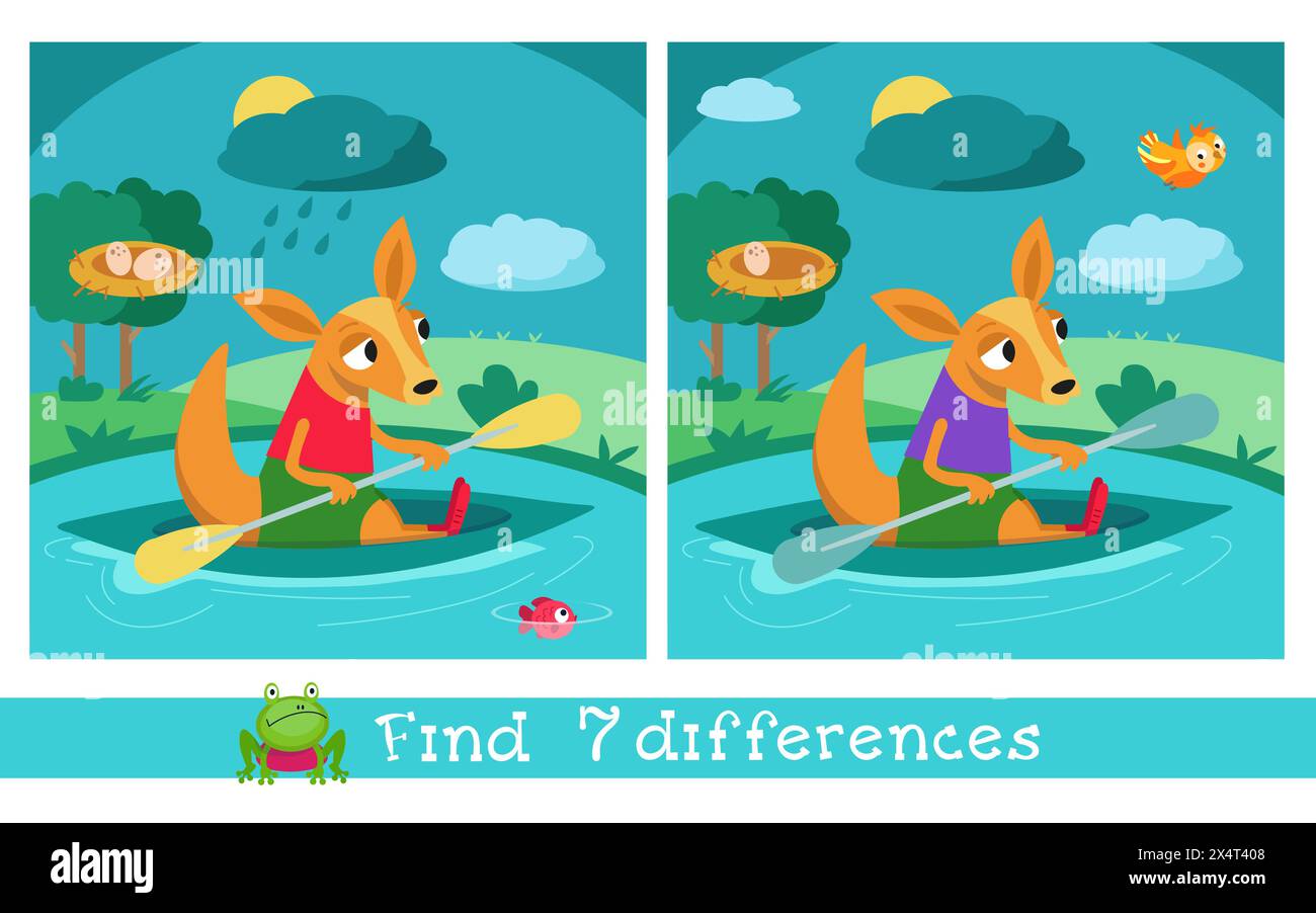Find 7 differences. Game for children. Card with cute cartoon style characters. Kangaroo and ...