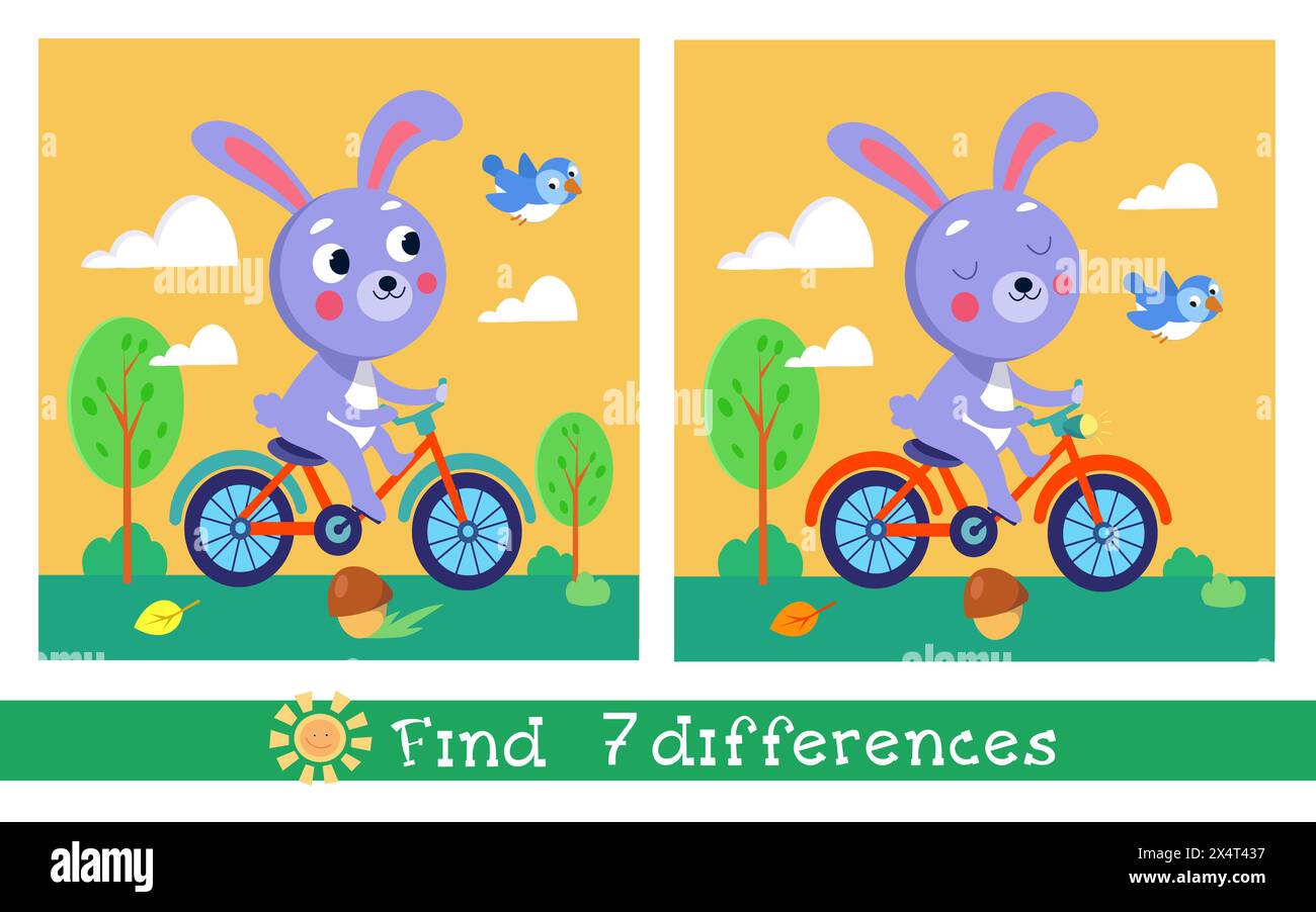 Cute stylized hare rides bicycle. Find 7 differences. Educational ...