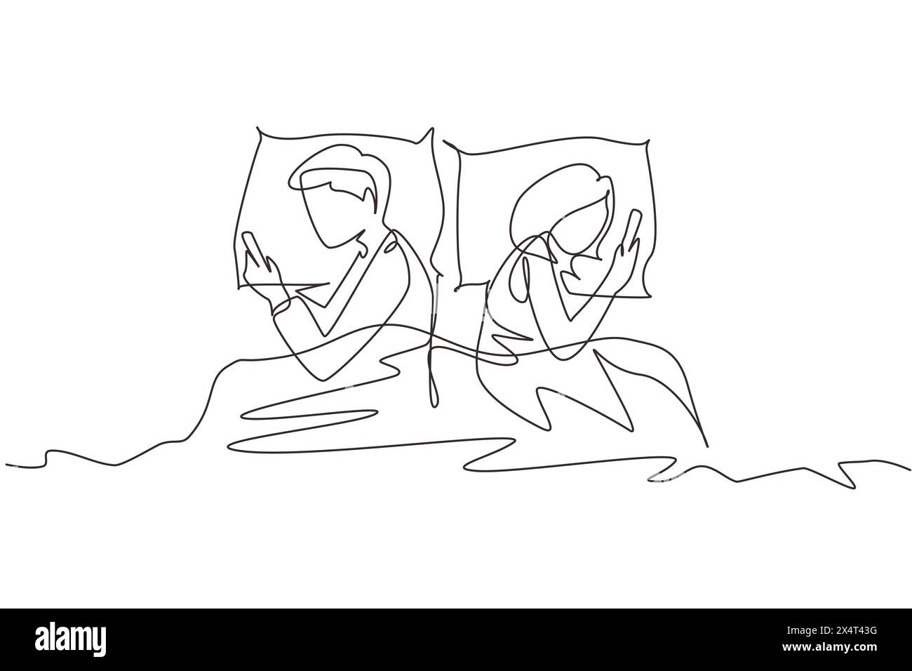 Single continuous line drawing marriage couple lying back to back ...