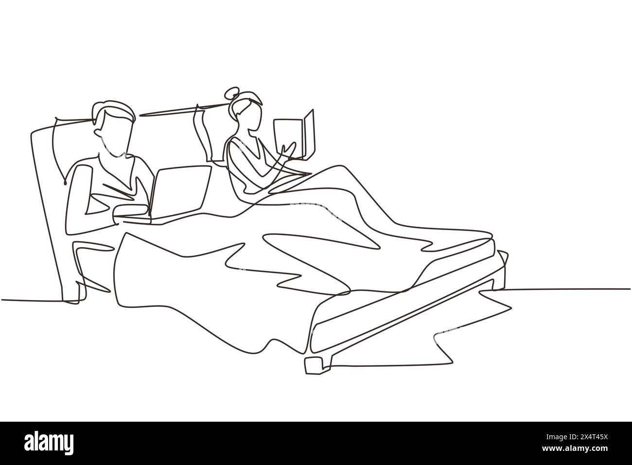 Single continuous line drawing couple spending time in bed with ...