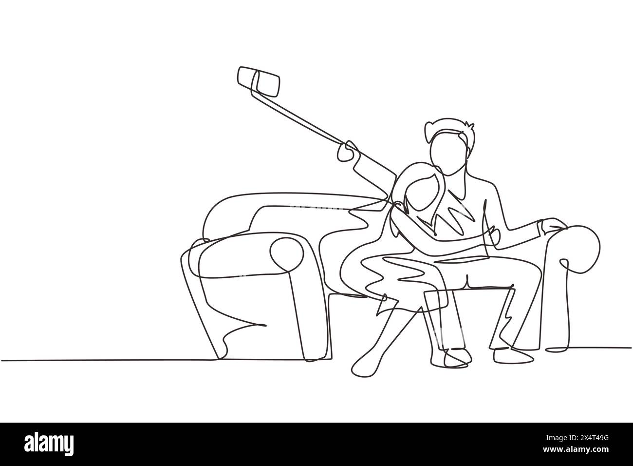 Continuous one line drawing man and woman take selfie on smartphone ...