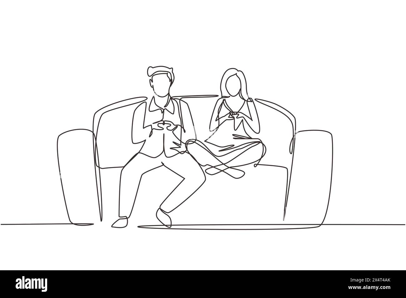 Single continuous line drawing young family couple sitting on sofa ...