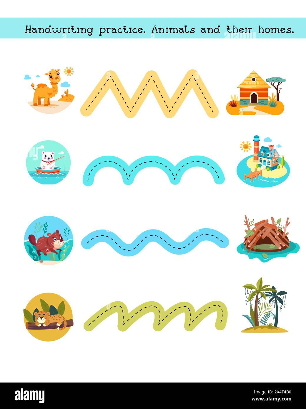Handwriting practice. Animal and their home. Puzzle game for preschool ...