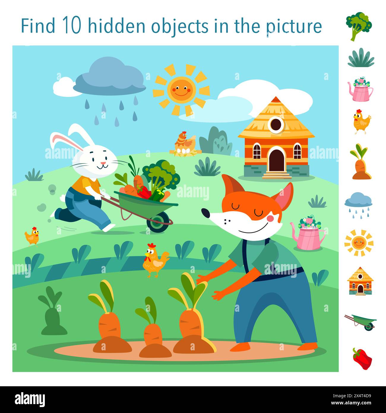 Find 10 hidden objects in picture. Educational game for kids. Cute flat cartoon fox and rabbit ...