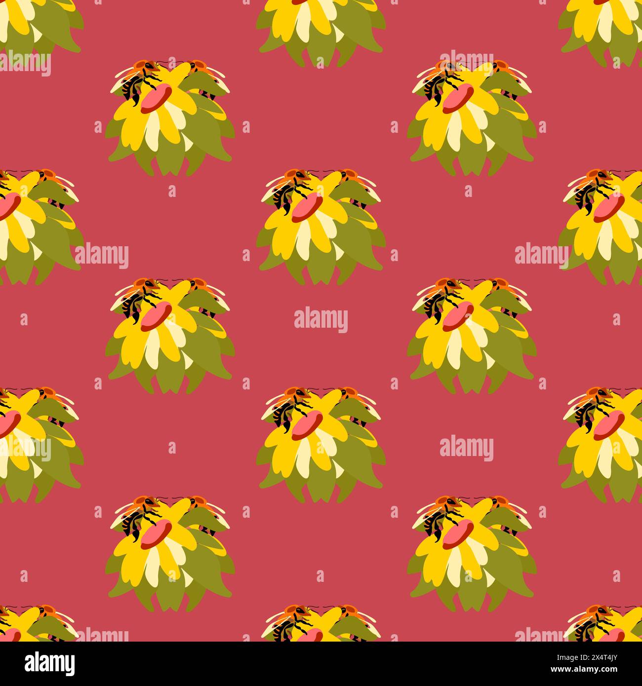 Seamless pattern bee flower Red background wild flowers postcard poster ...