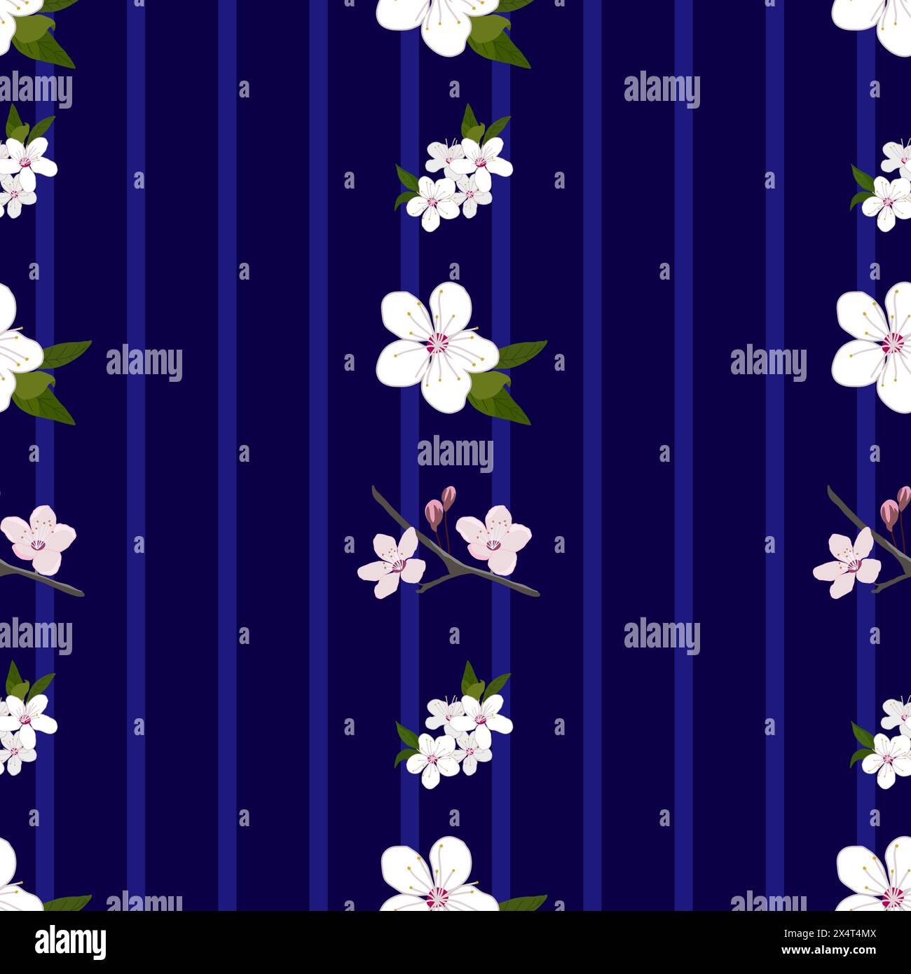 Sakura flowers seamless vector pattern on dark blue striped background ...