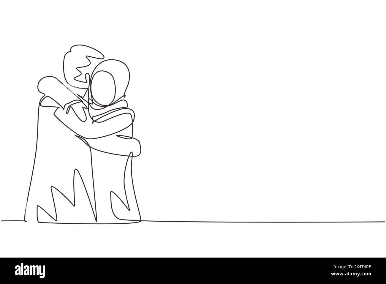 Single one line drawing Arabian girl is hugging boy with smile. Happy ...