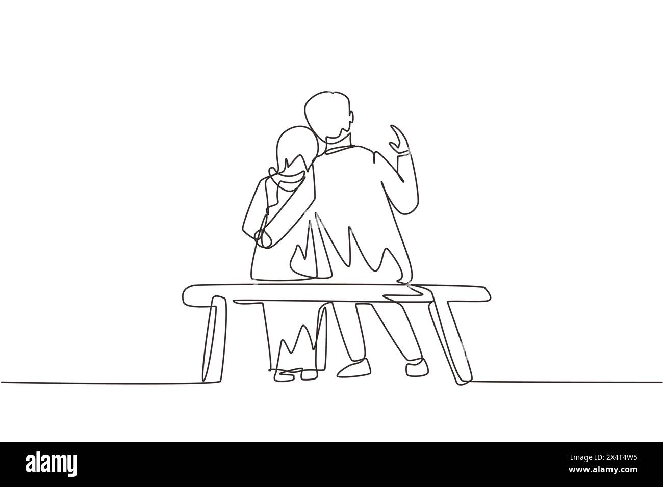 Continuous one line drawing embracing Arabian couple sitting on bench ...