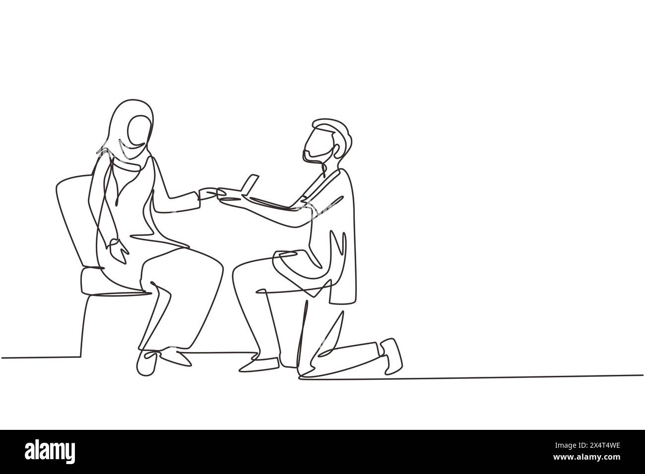 Continuous One Line Drawing Arab Man Makes Marriage Proposal Woman And