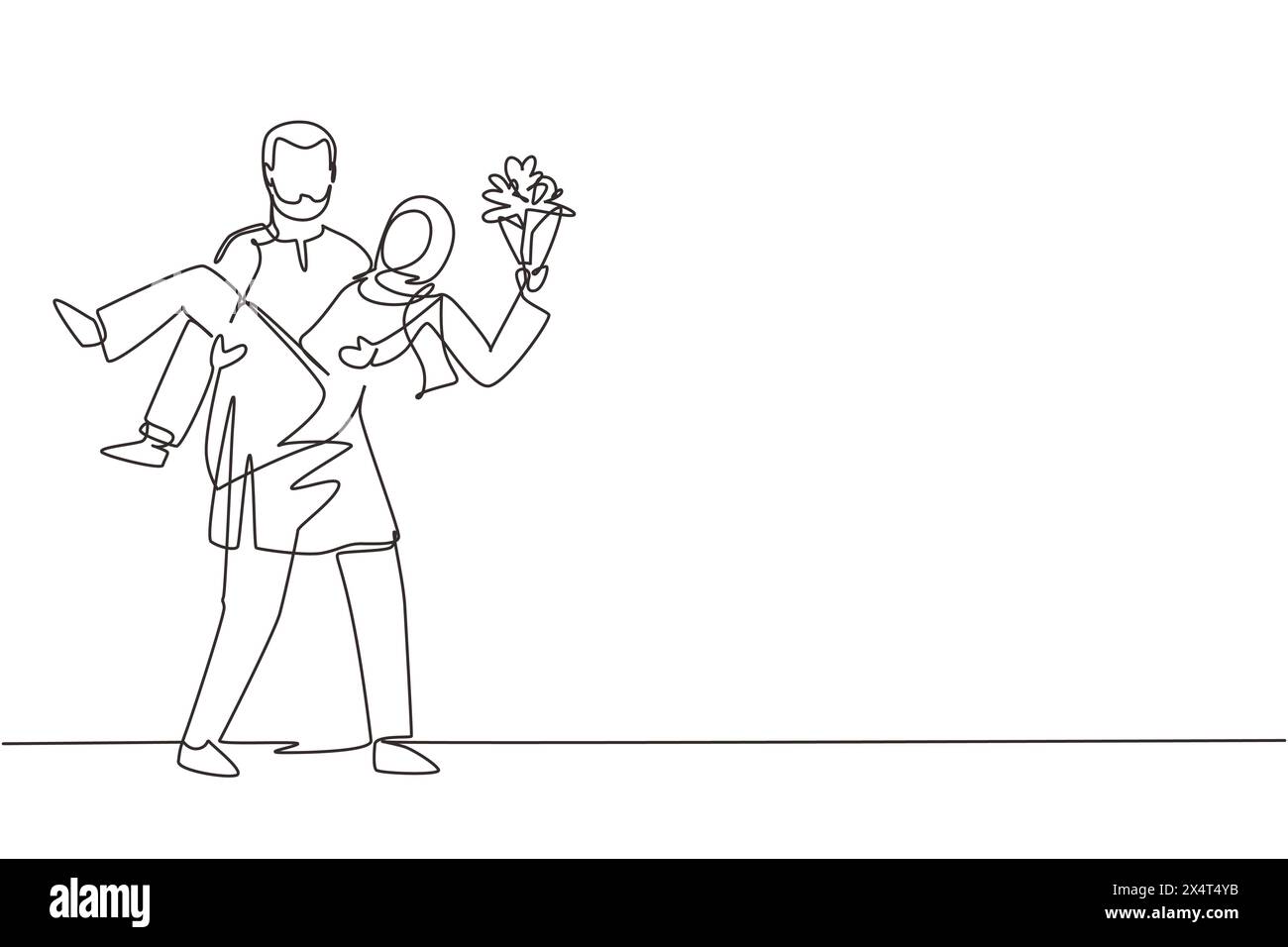 Single continuous line drawing Arabian man holding a woman and making ...