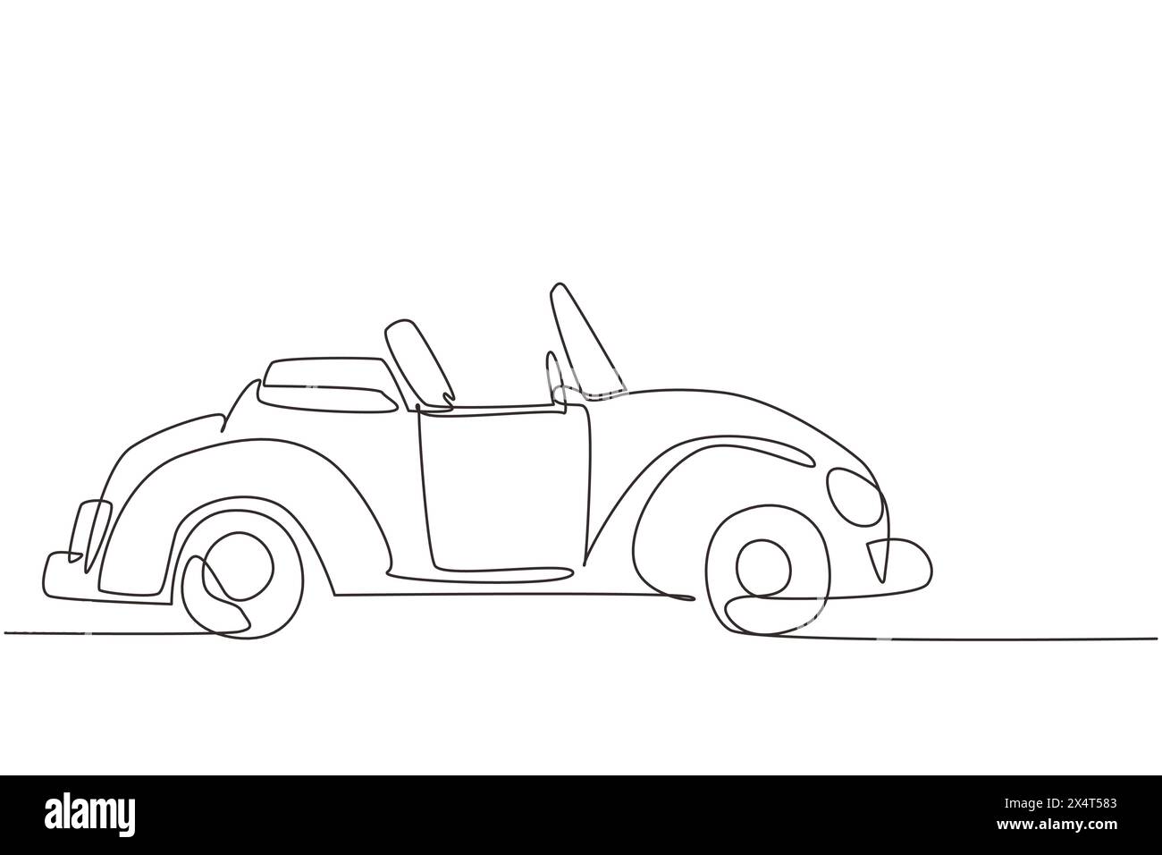 Single continuous line drawing old retro convertible car parked at city ...