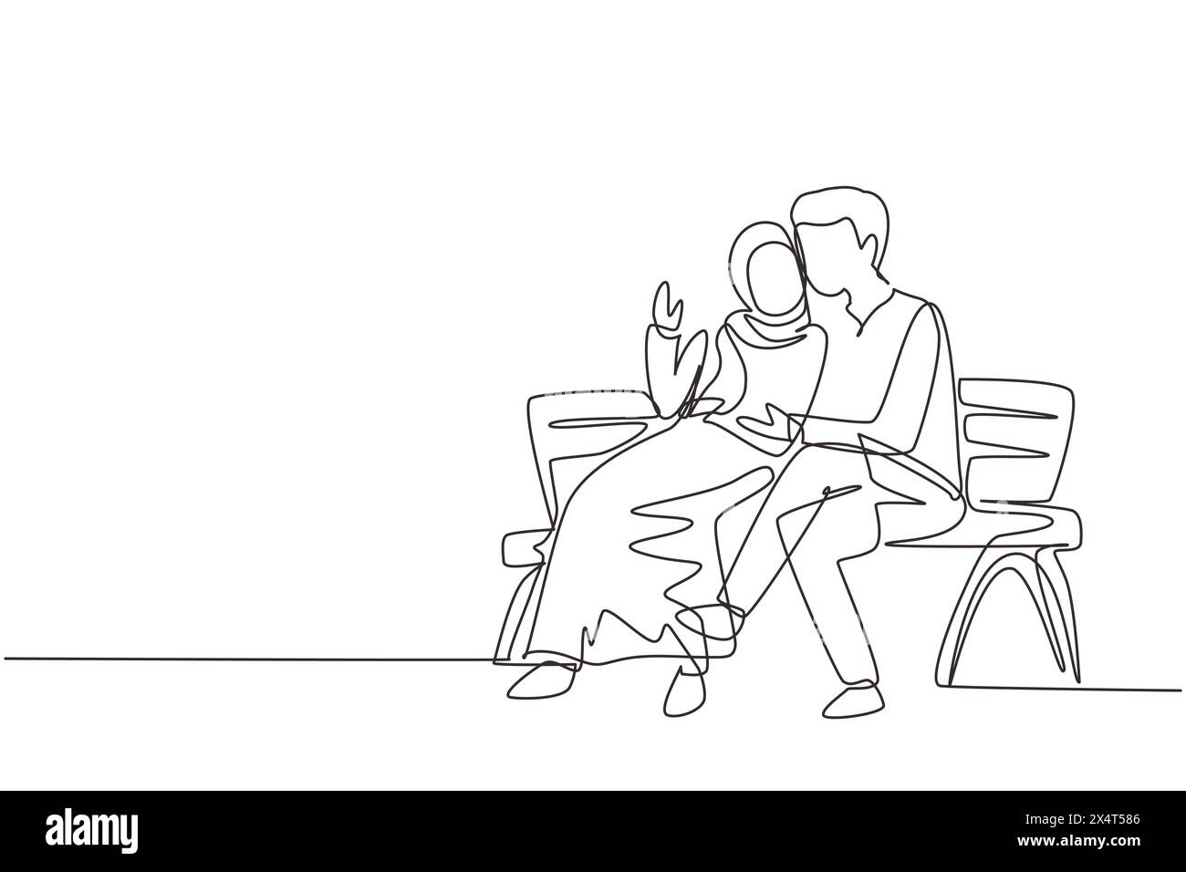 Single continuous line drawing romantic Arabic couple on bench in park ...