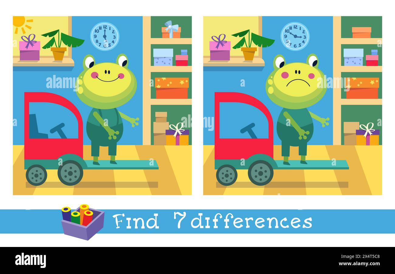 Find 7 differences. Game for children. Frog and forklift. Education for children. Preschool ...