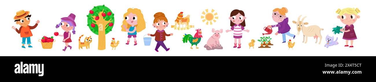 Cute big cartoon set of animals and people on farm for design. Isolated ...