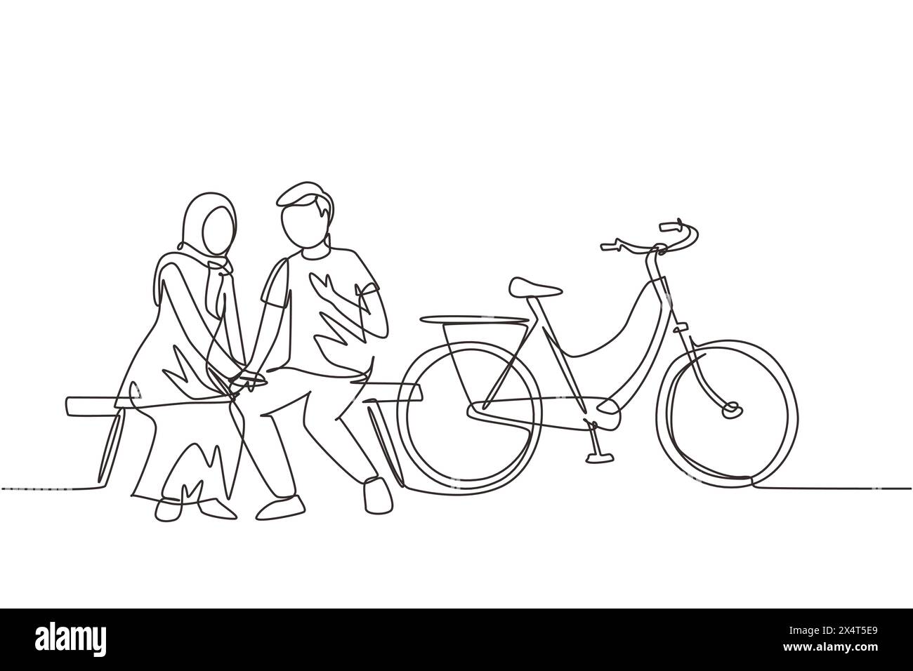 Continuous one line drawing romantic Arabian couple chatting while ...