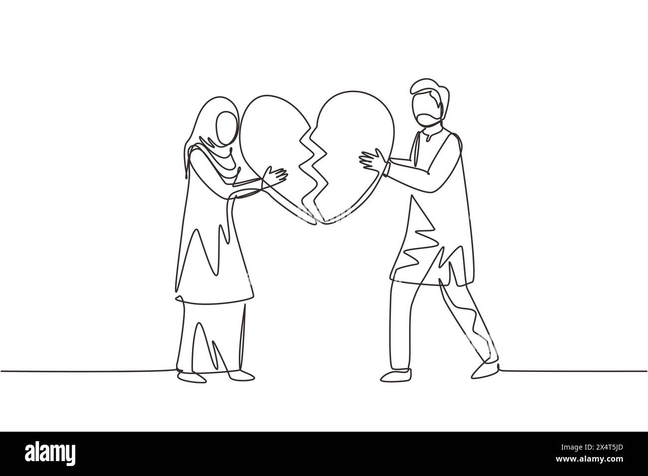 Single one line drawing heartbroken Arabic couple parting, divorce. Sad ...