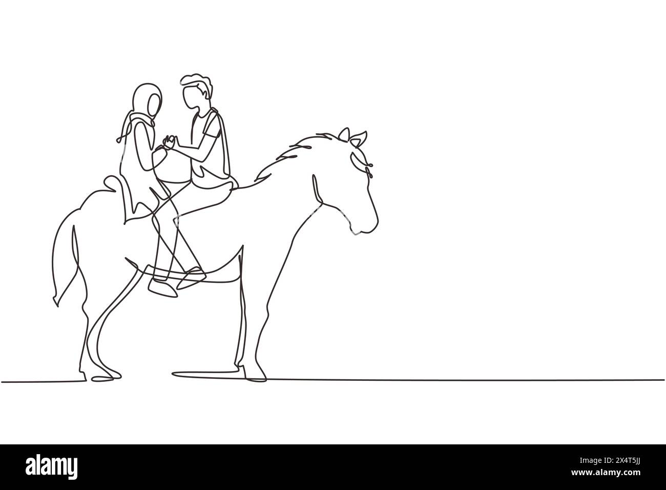 Single continuous line drawing Arab couple riding horses face to face ...