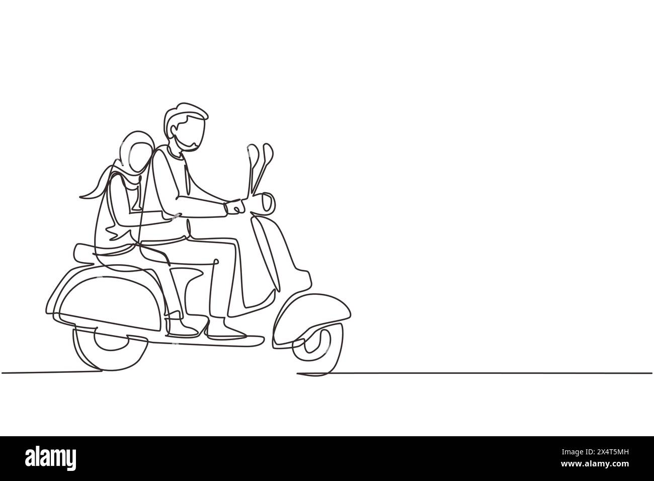 Single continuous line drawing Arabian couple riding motorcycle. Man ...