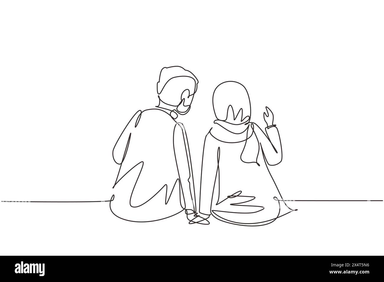 Continuous One Line Drawing Back View People In Love Sit Holding Hands
