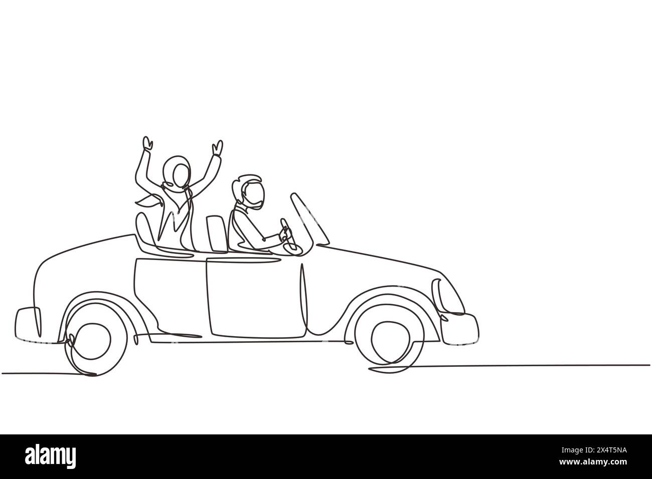 Continuous One Line Drawing Newly Married Arabian Couple Groom In Vehicle Happy Man And Woman