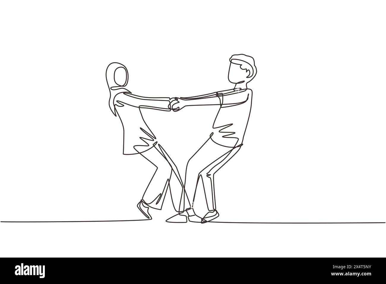 Single one line drawing happy Arab man and woman dancing on the floor ...