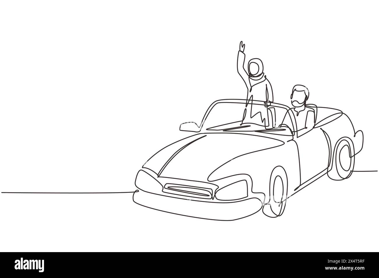 Single Continuous Line Drawing Happy Arabian Couple Riding Car Going On