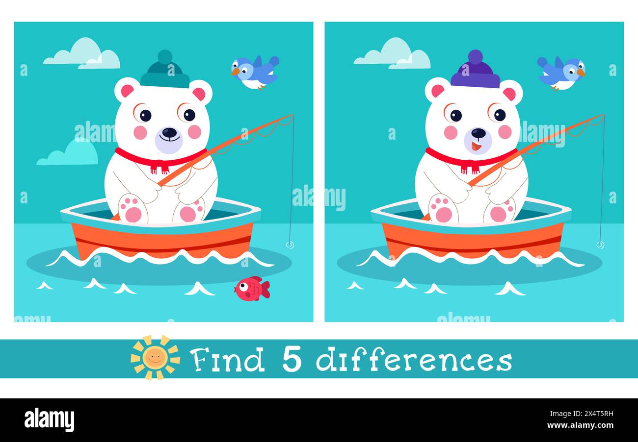 Cute flat polar bear fishing on boat. Find 5 differences. Educational ...
