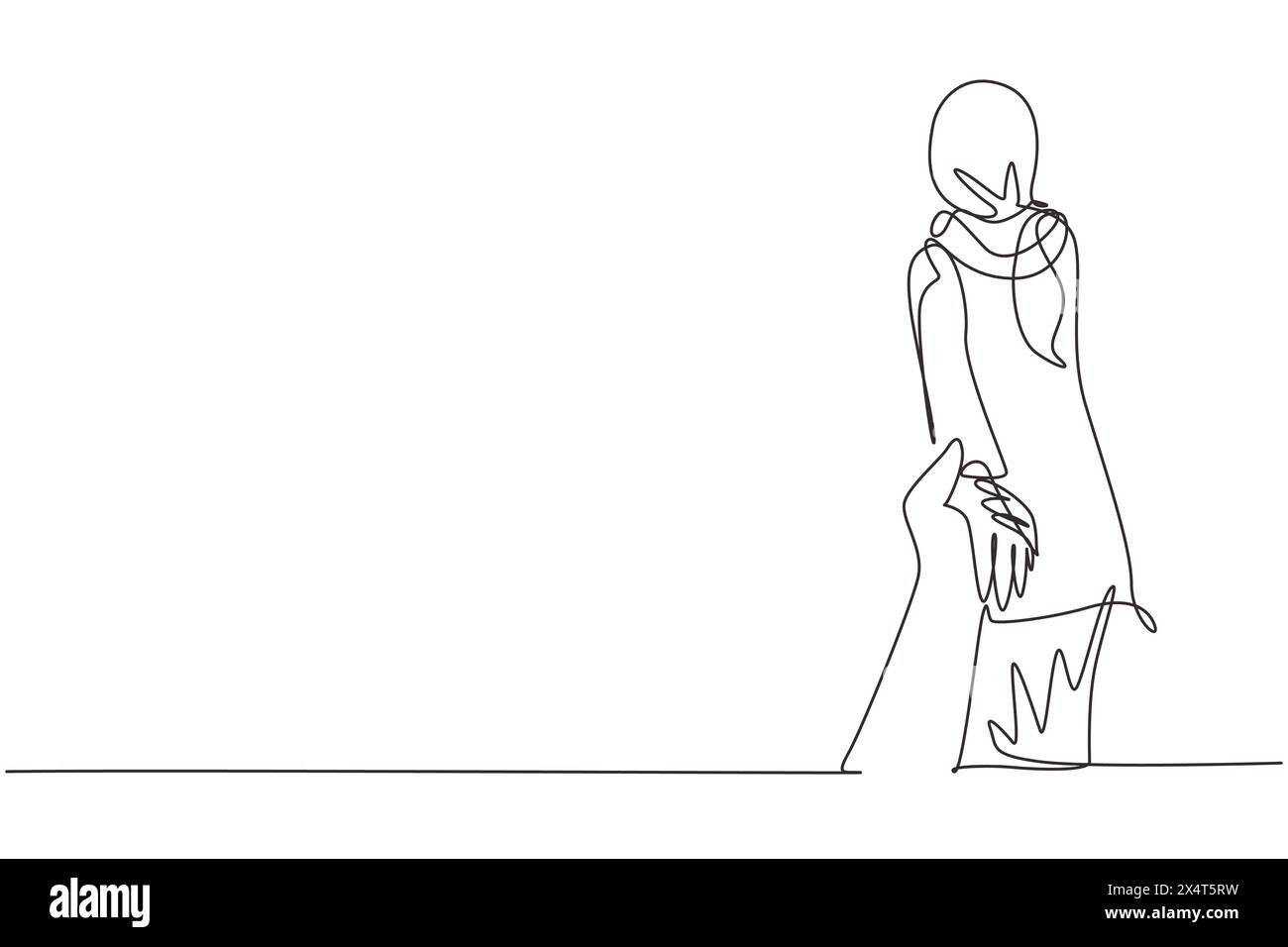 Continuous one line drawing Arabic girl leads guy's hand. Take my hand ...