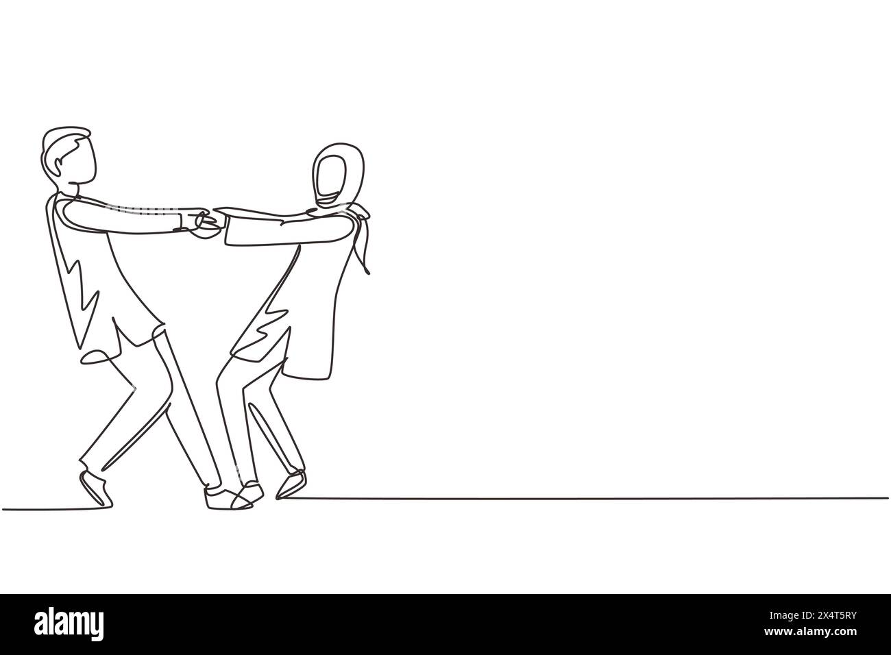 Single one line drawing happy Arabic boy and girl dancing on the floor ...