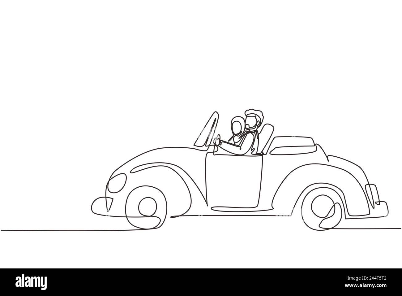 Single continuous line drawing cute elegant couple on road trip in ...