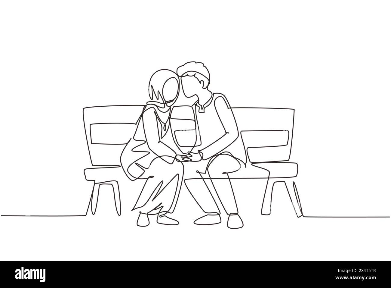 Continuous One Line Drawing Kissing Arabian Couple Young Man And Woman Face To Face Sitting On