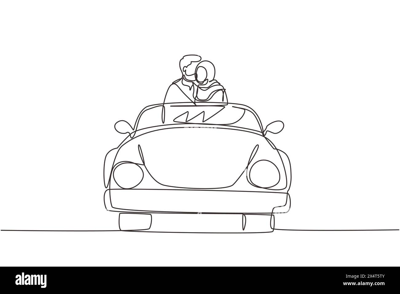 Single continuous line drawing happy Arabian couple on road trip in ...
