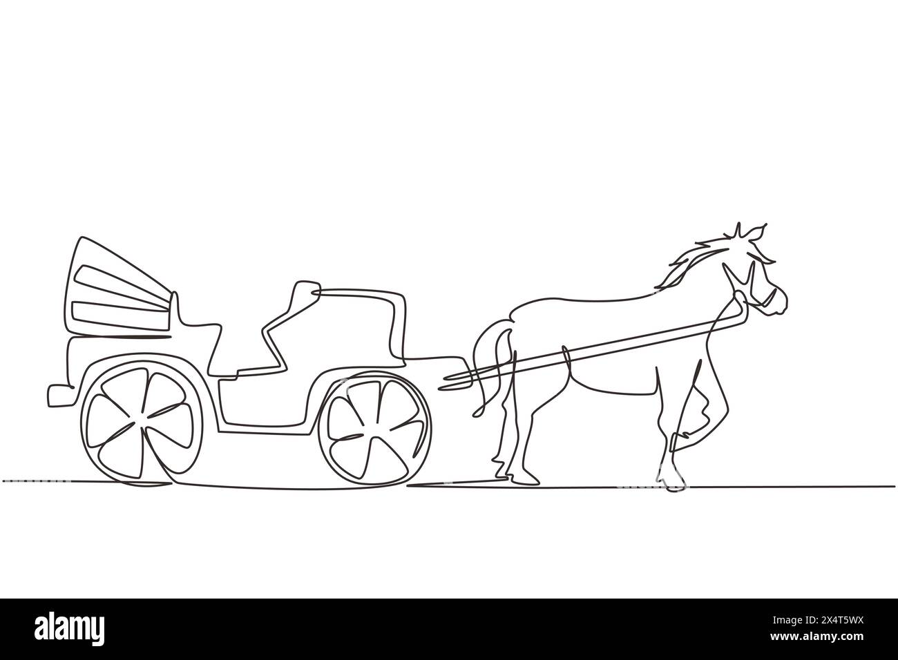 Single one line drawing vintage transportation, horse pulling carriage ...
