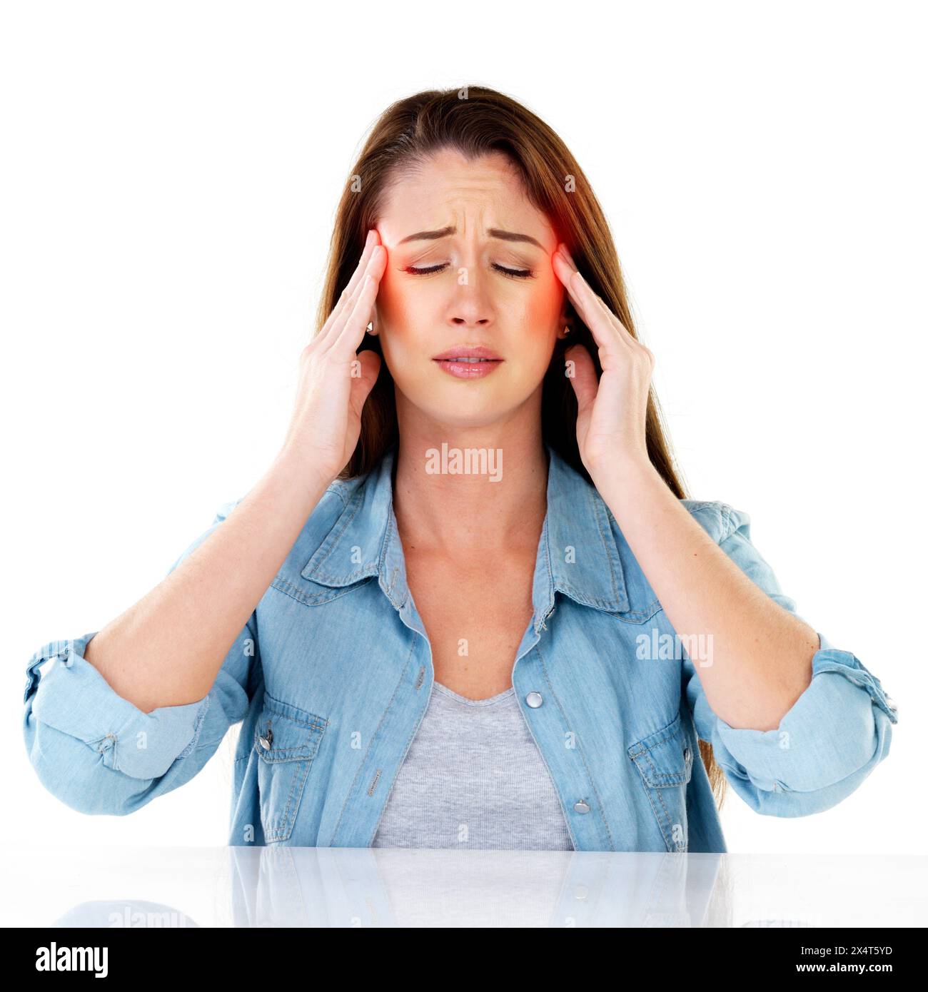 Woman, headache and pain in studio for fatigue, tension and stress on white background. Anxiety ...