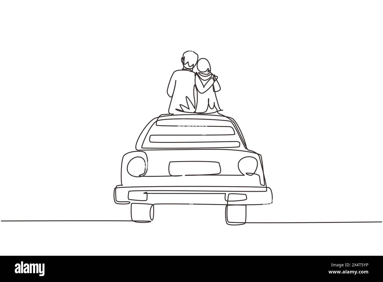 Single one line drawing back view loving Arabian couple sitting on the ...