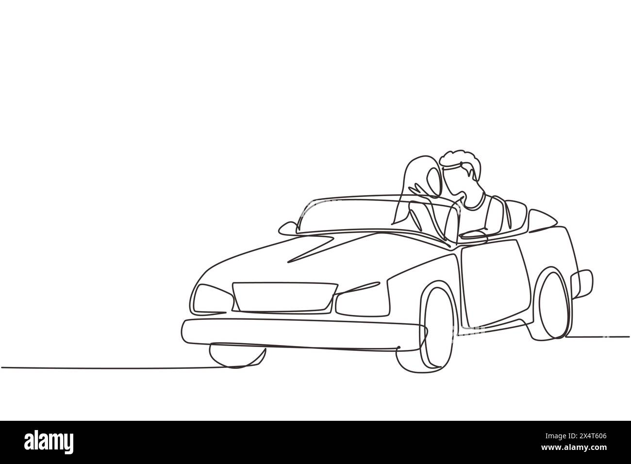 Continuous One Line Drawing Romantic Arabic Couple Riding Car Going On