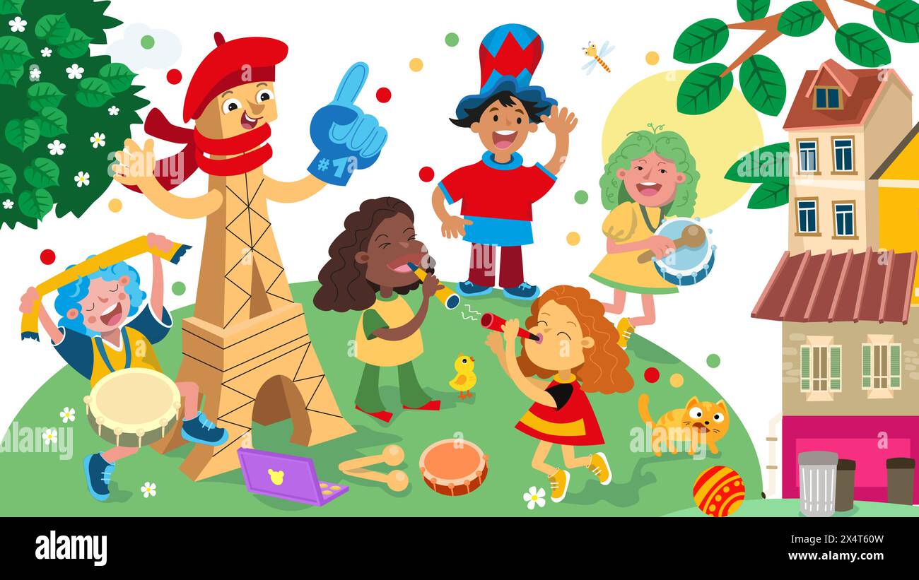 Group of fans of different nationalities with objects and musical ...