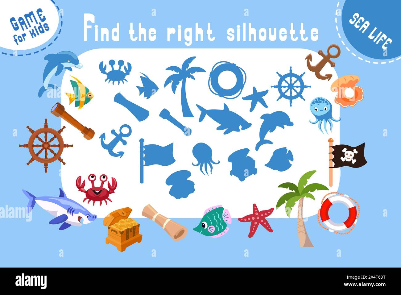 Find the correct silhouette, shadow. Puzzle game for kids. Big set of ...