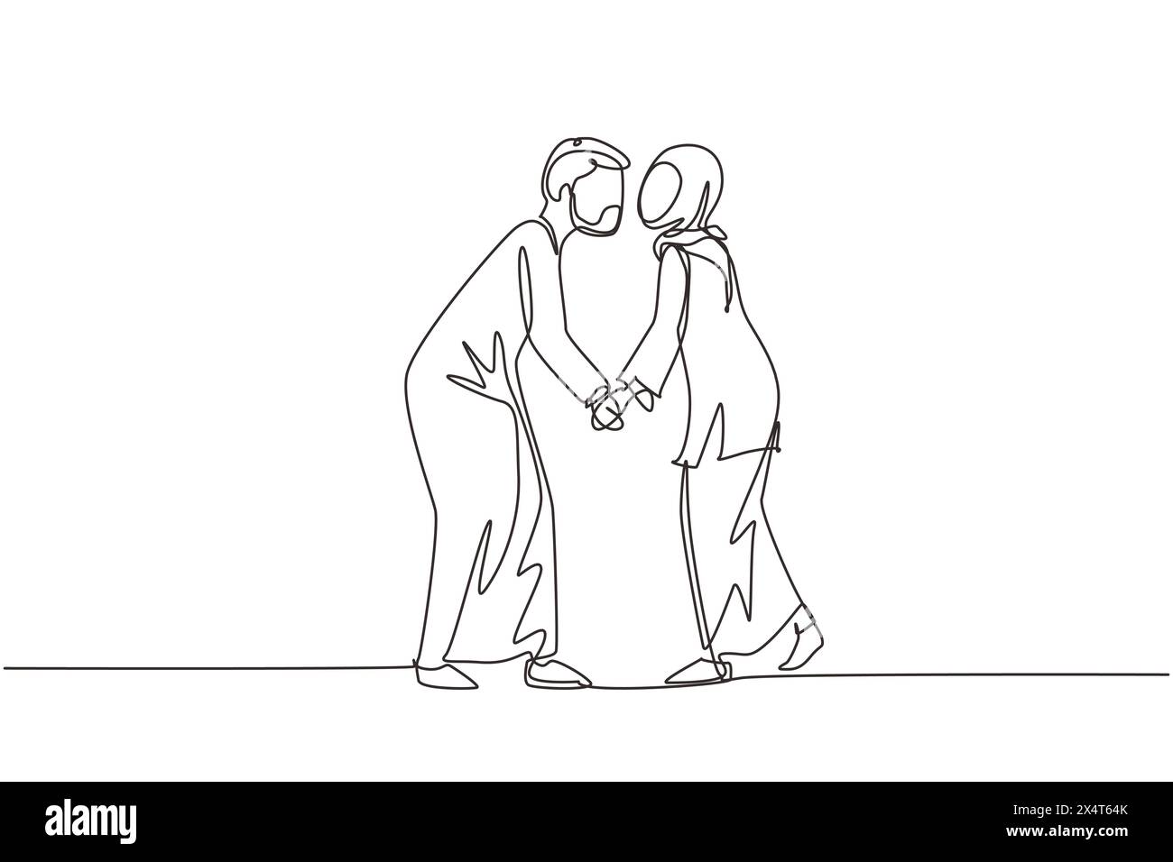 Single continuous line drawing romantic of Arabian male and female couple with lips locked in ...