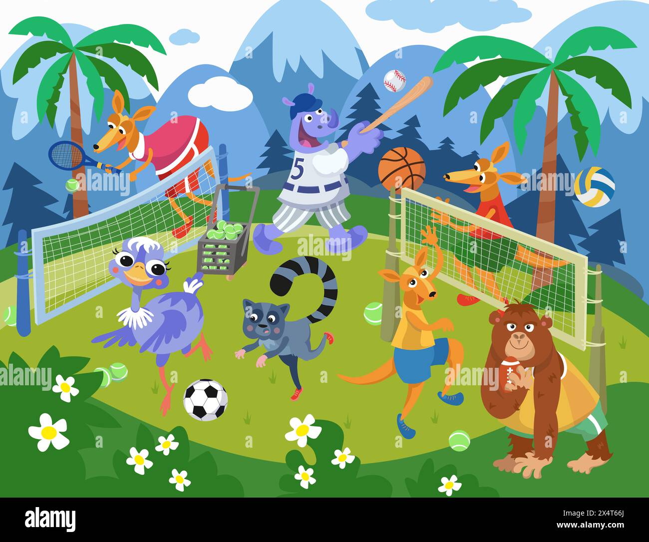 Cute animals playing sports. Balls, rackets, nets. Sports games on the ...