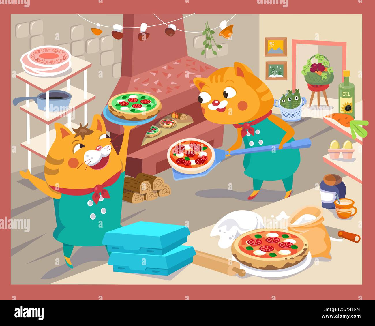 Cute pizzaiolo cats with pizza on shovel. Cartoon funny characters ...